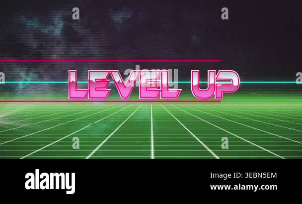 Animation of level up text over white lines on black background. Video ...