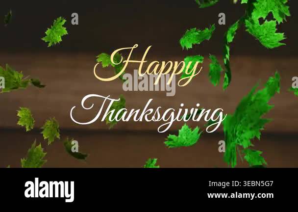 Animation of happy thanksgiving text banner and maple leaves floating ...