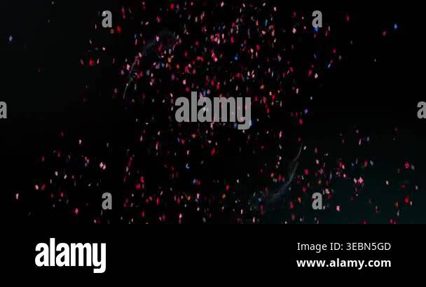 Animation of colorful confetti falling over blue digital wave against ...