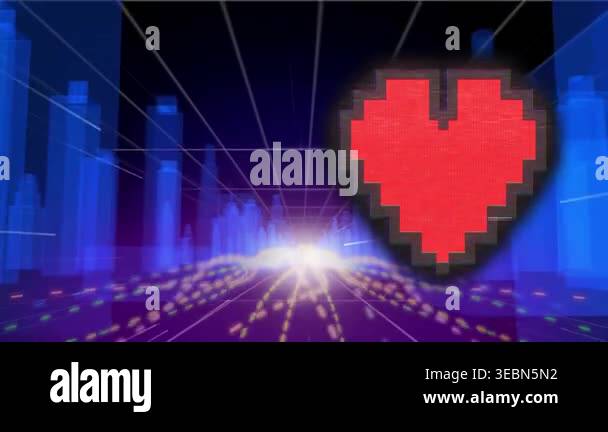 Animation of heart icon over digital city. social media and ...