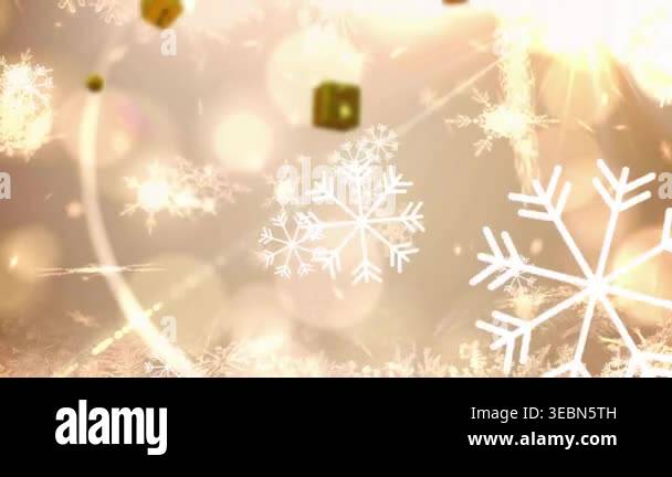Golden gift boxes floating over snowflakes animation on light ...