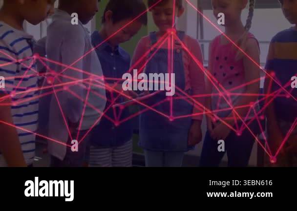 Six kids leaning in class, lead child tapping tablet, neon-pink network ...