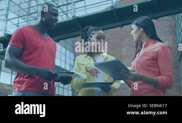Animation of data processing over group of diverse colleagues ...