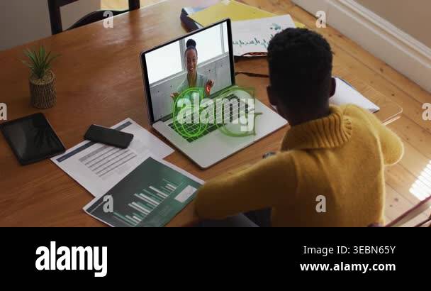 Animation of 6g text banner over african american woman having a video ...