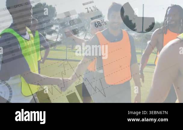 Financial data and charts animation over soccer players on field ...