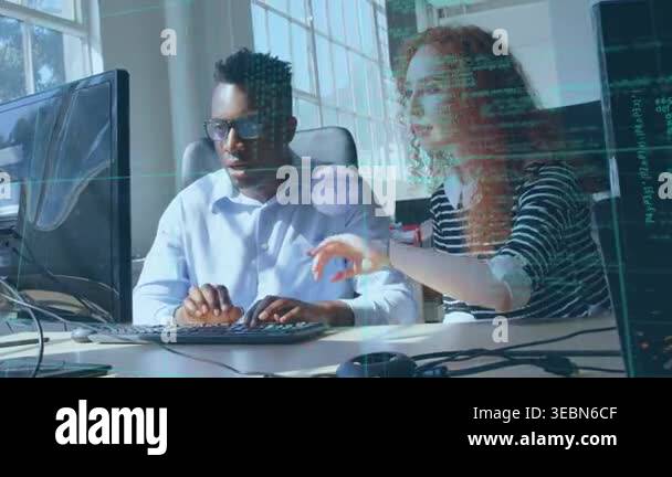 Animation of globe and data over diverse coworkers in office. Business ...