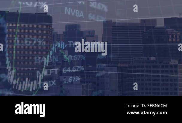 Animation of diagrams and stock market over cityscape. Global business ...