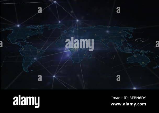Animation of network of connections over world map. Global business and ...