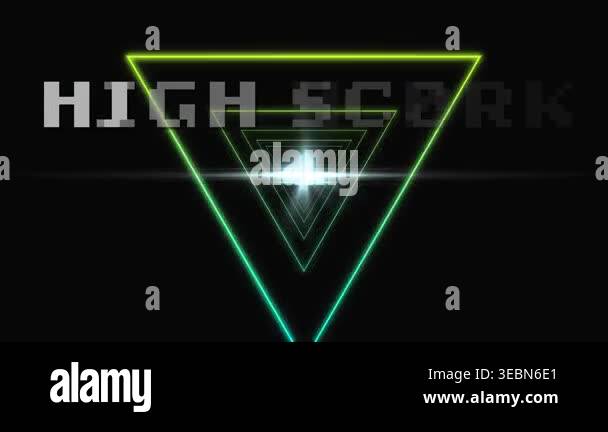 Animation of purple shapes over neon triangles on black background ...