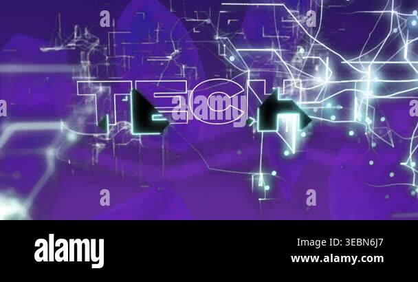 Bold TECH letters neon green outlining floating over purple gradient ...