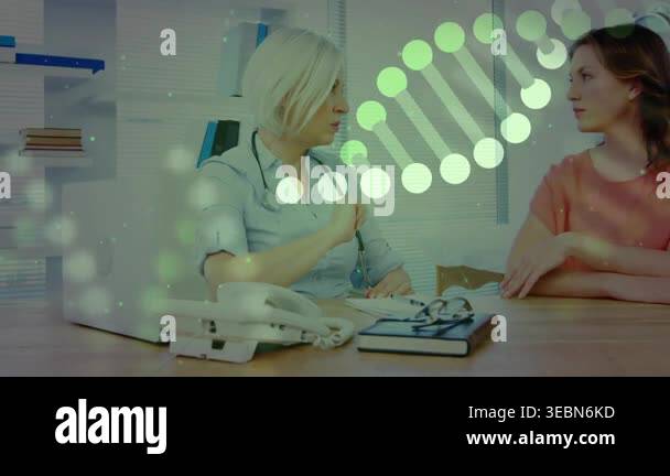 Doctor speaking and gesturing starting DNA helix covering stethoscope ...