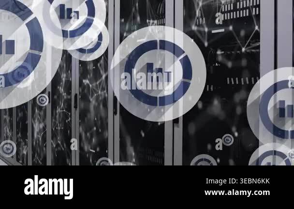 Animation of diagram icons over server room. global technology and ...