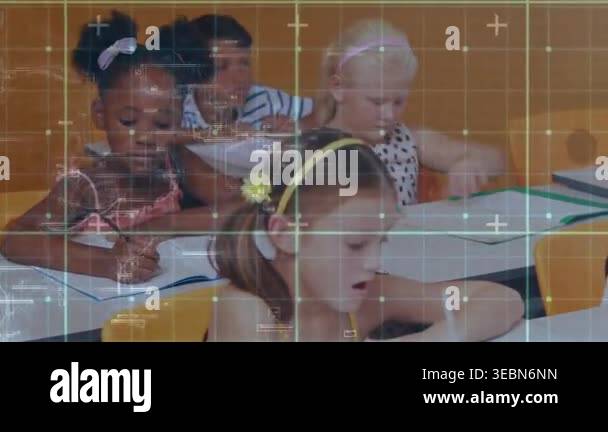 Front girl writing after teacher prompt in classroom, HUD overlay ...