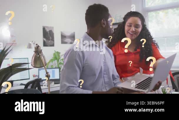 Animation of question marks over diverse business people working at ...