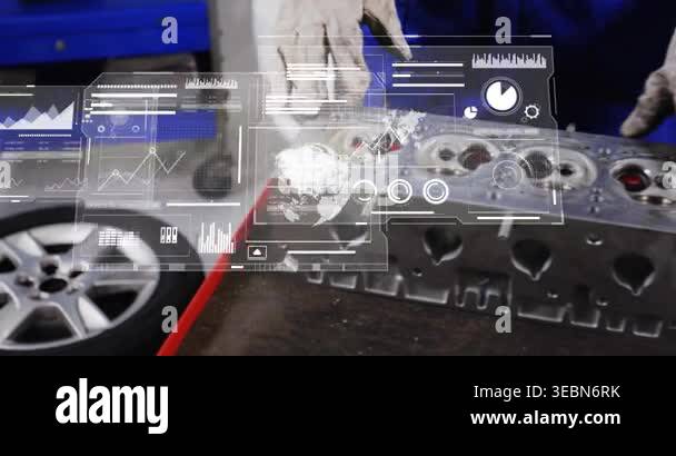 Gloved hand reaching cylinder head, HUD charts overlaying, mechanic ...