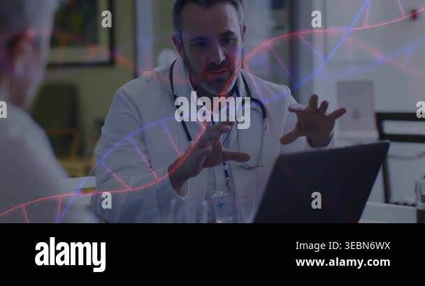 Doctor opening laptop in medical consult, animating DNA helix ...