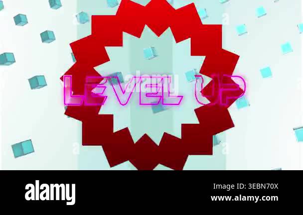 Animation of level up text over shapes. Social media and digital ...