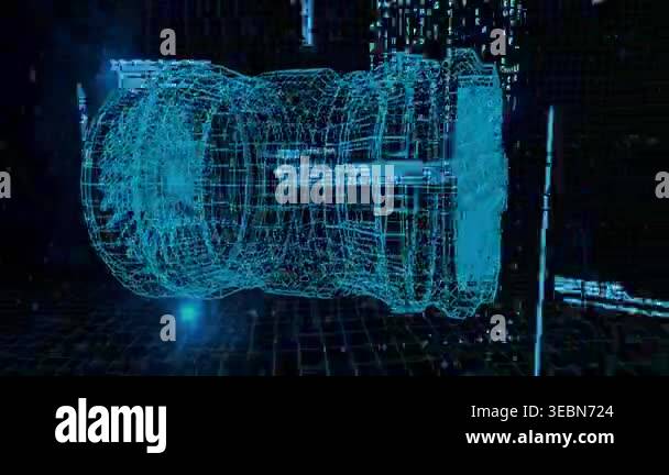 Animation of turbine and data processing on black background. technics ...