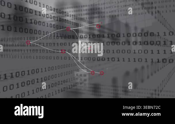 Animation of connections and binary code over buildings. Data ...