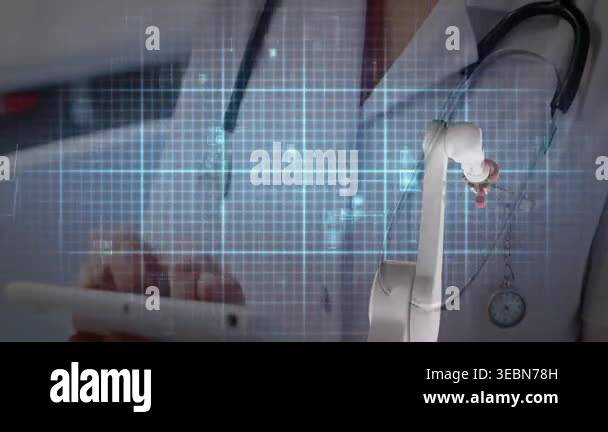 Composition of blue bar and line graph over modern interiors. Medicine ...