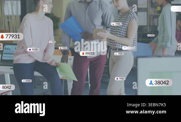 Marketing team collaborating, swiping tablet updating metrics icons and ...