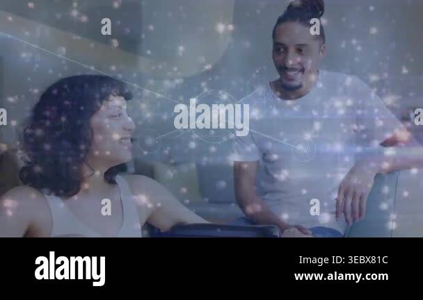 Animation of connections over happy diverse couple talking ...