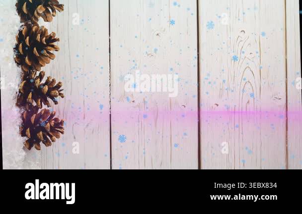 Animation of light trails and snowflakes over cones at christmas ...