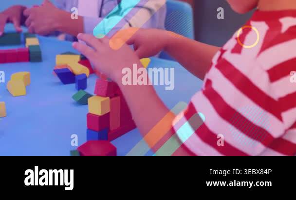 Children stacking colorful blocks over geometric shapes animation ...