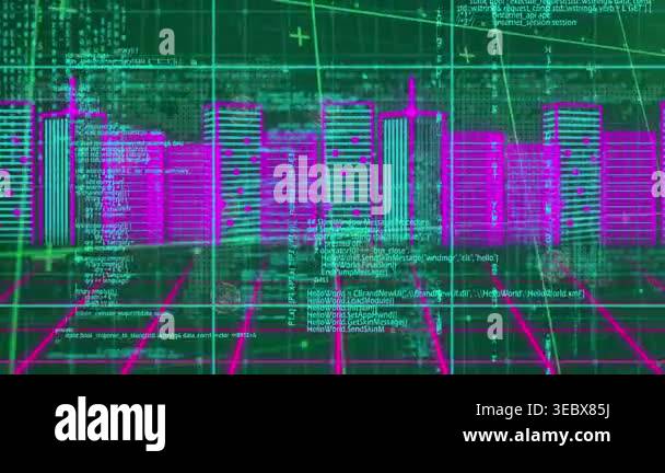 Animation of citycape and data processing over grid. Global business ...