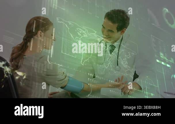 Female patient entering exam room, doctor inflating cuff and interface ...