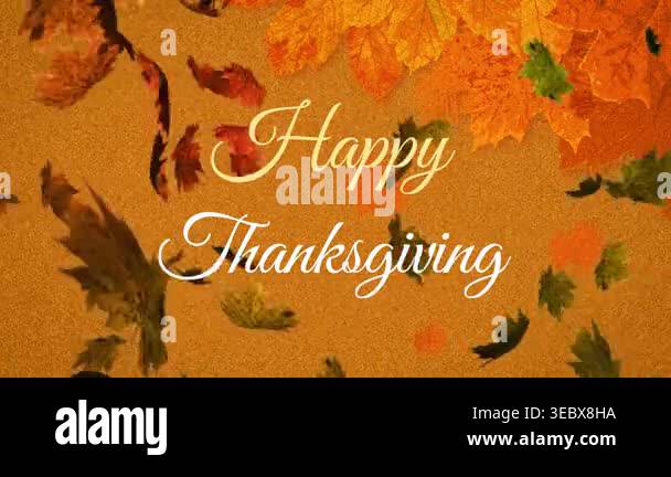 Animation of happy thanksgiving text banner and autumn leaves floating ...