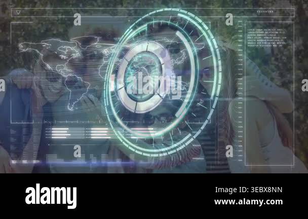 Animation of data processing with globe over diverse group of fiends ...
