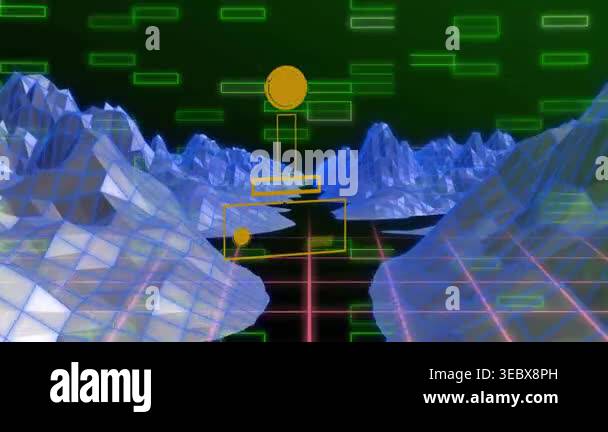 Animation of video game controller icon over metaverse structures ...