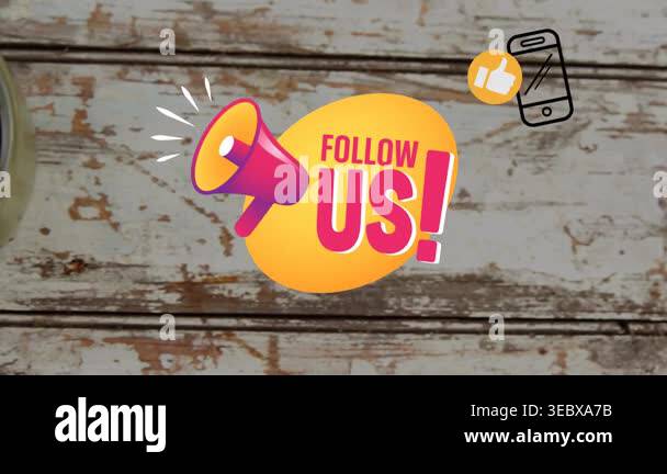 Animation of follow us text over cup of coffee. Social media and ...