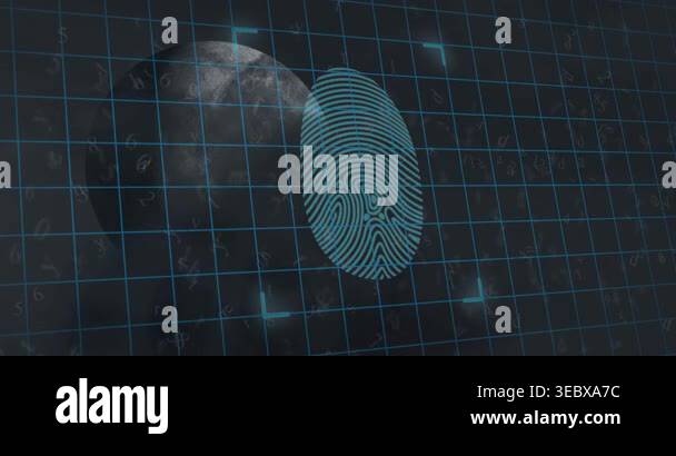 Animation of biometric fingerprint scanner over grid network and moon ...