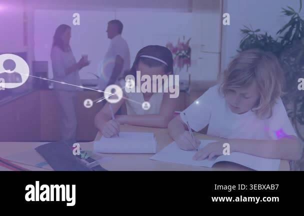 Children writing at kitchen table, network from left expanding over ...