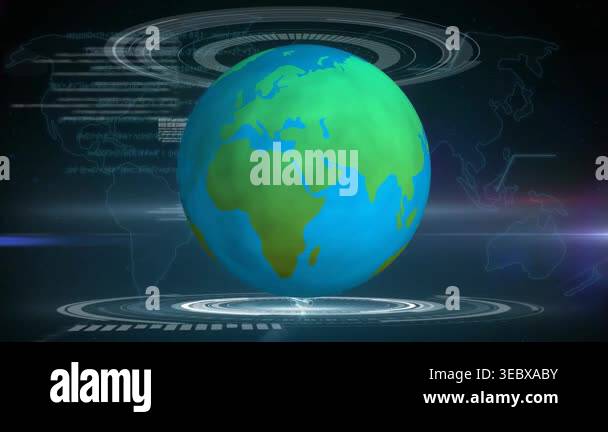 Animation of molecules, scientific data and globe on black background ...