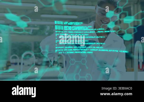 Animation of scientific data over happy caucasian female lab worker ...