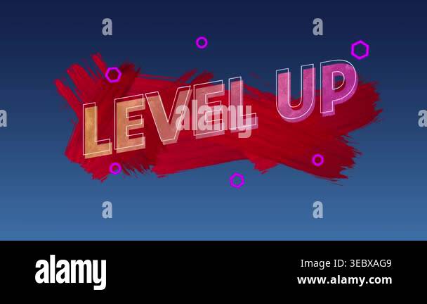 Animation of level up text over shapes on blue background. Video game ...