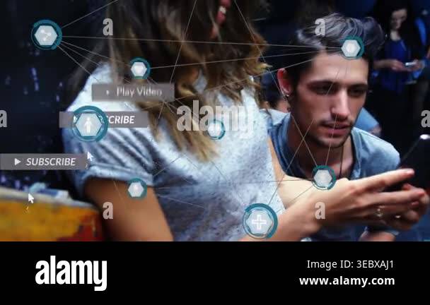 Animation of multiple social media icons against diverse man and woman ...