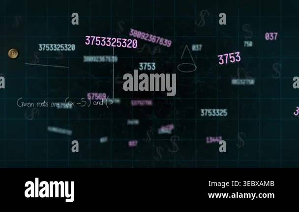 Animation of math formulas and numbers on black background. Science ...