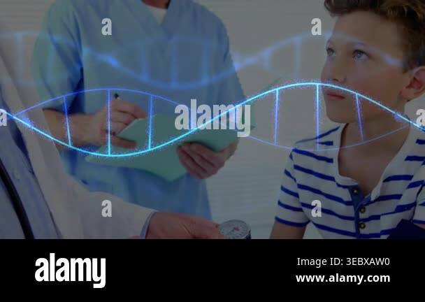 Medical doctor placing BP cuff and activating DNA helix while nurse ...