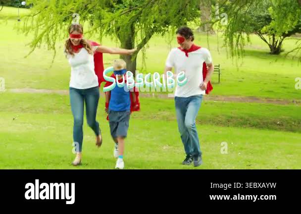 Animation of subscribe over caucasian family in superhero costumes ...