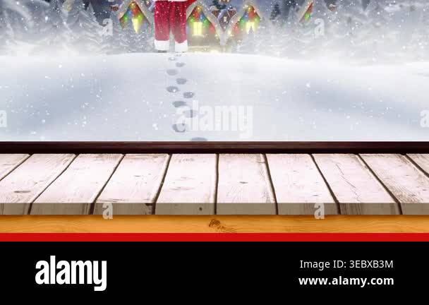 Animation of snow falling over christmas decorations in winter scenery ...