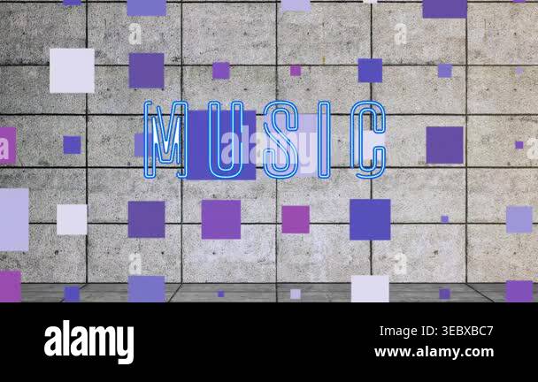 Animation of neon music text over grid and grey background. Summer ...