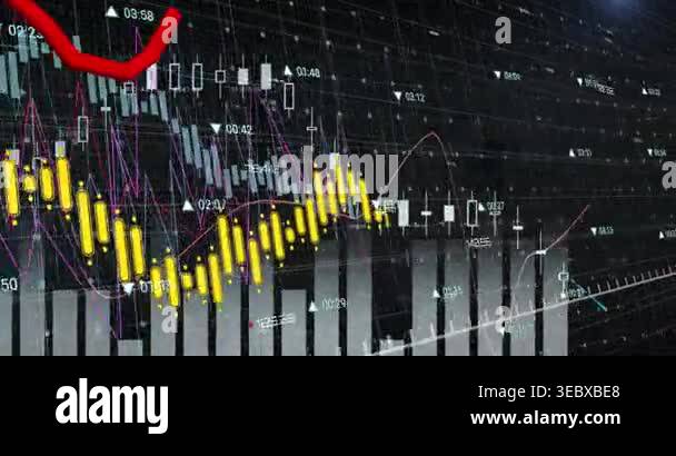 Animation of financial data processing with red line over grid. Global ...