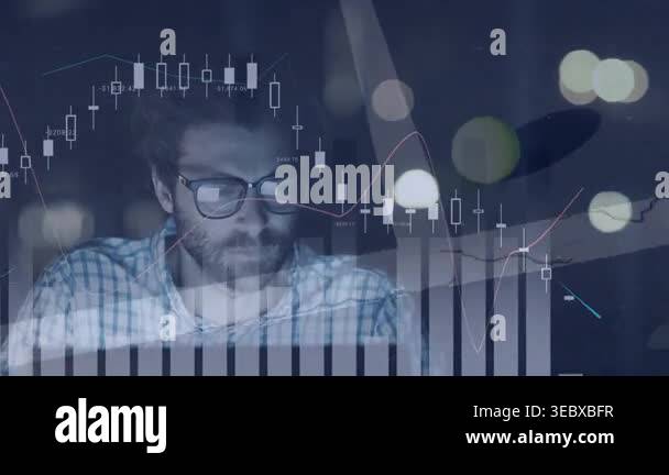 Trader studying laptop with overlay market charts arriving, adjusting ...
