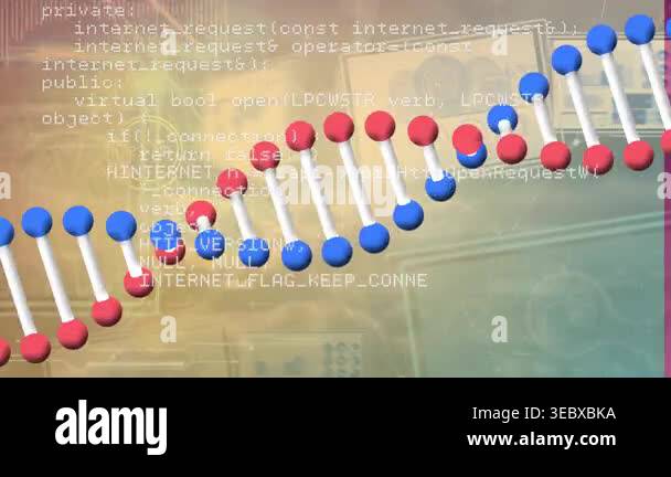 Animation of dna structure spinning over data processing against clouds ...