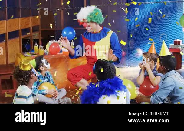 Animation of confetti falling over clown and children having fun at ...