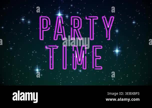 Digital animation of purple neon party time text banner against black ...